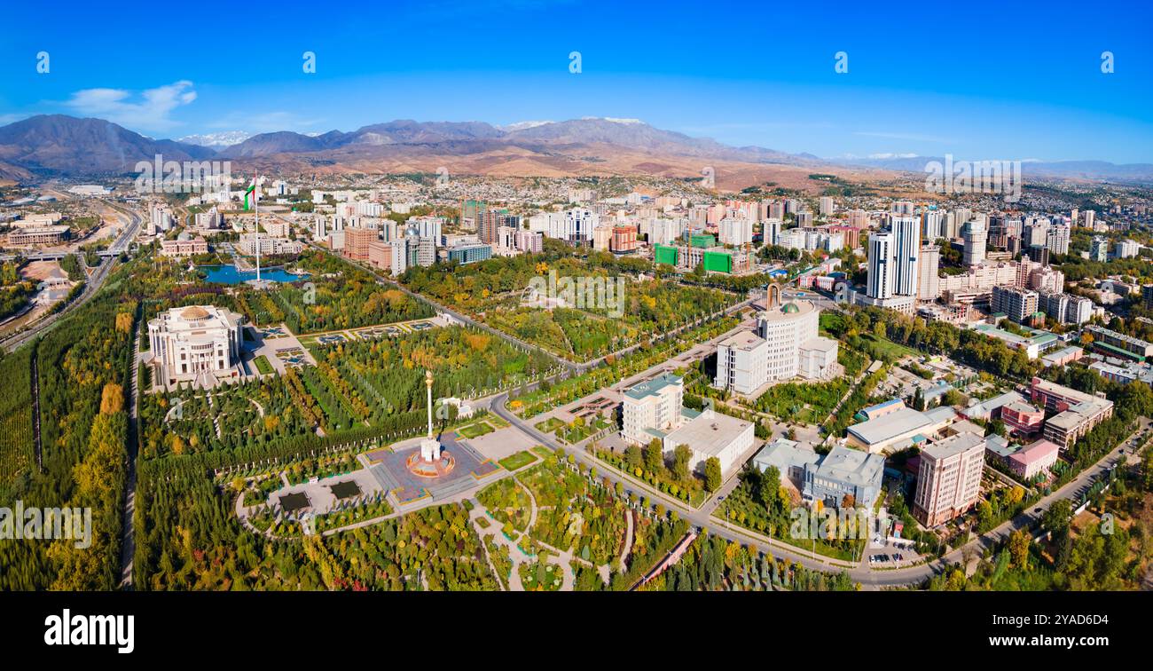 Dushanbe city centre aerial panoramic view. Dushanbe is the capital ...