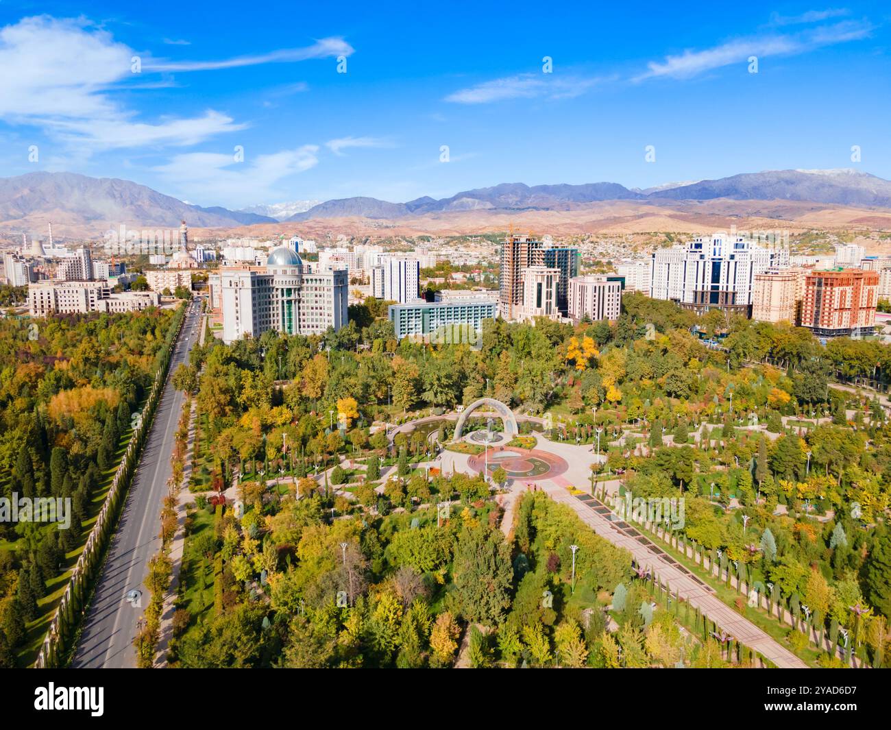 Rudaki Park aerial panoramic view in Dushanbe city centre. Dushanbe is ...