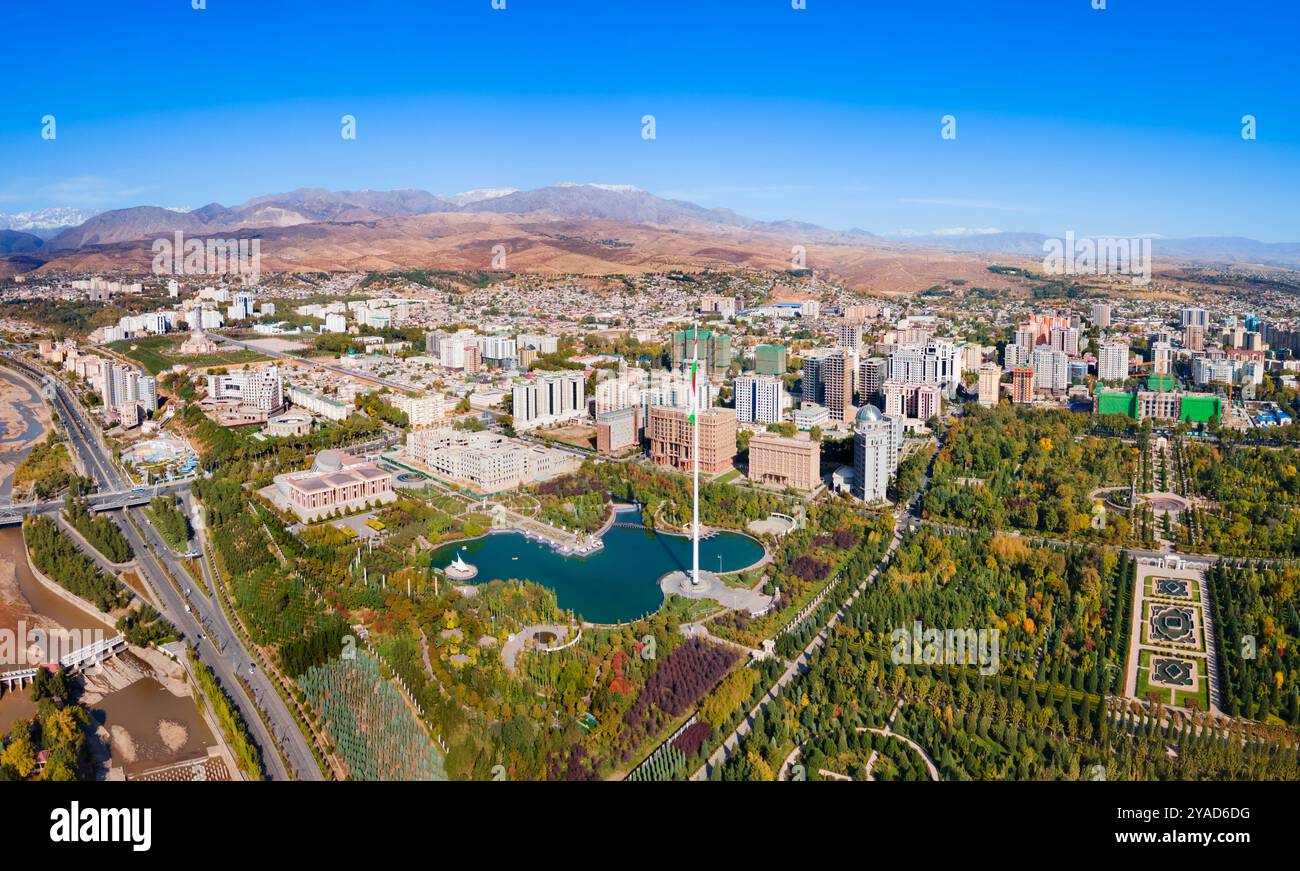 Dushanbe Flagpole square and lake aerial panoramic view. Dushanbe is ...