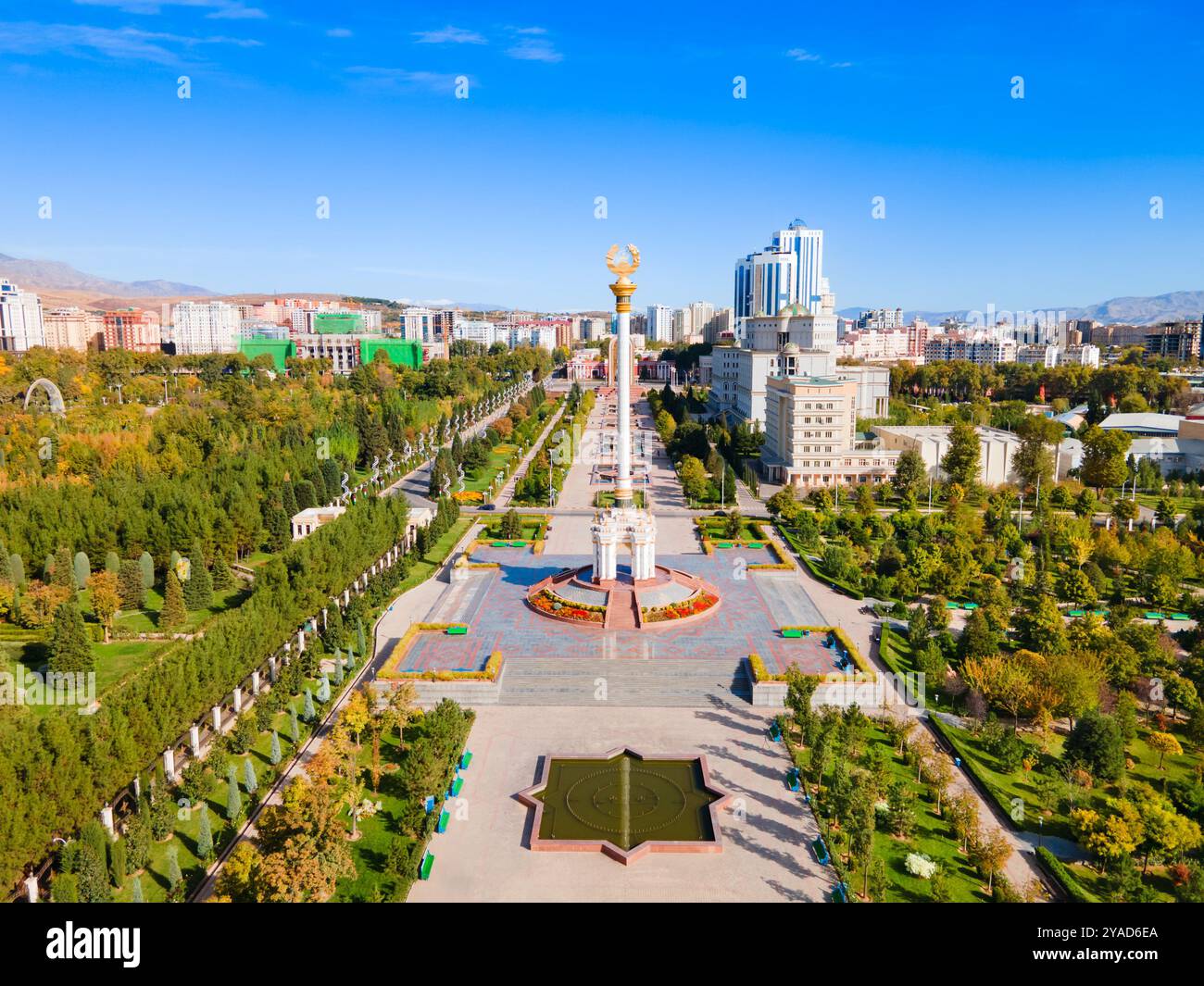 Independence Monument and Rudaki Park aerial panoramic view in Dushanbe city centre. Dushanbe is ...