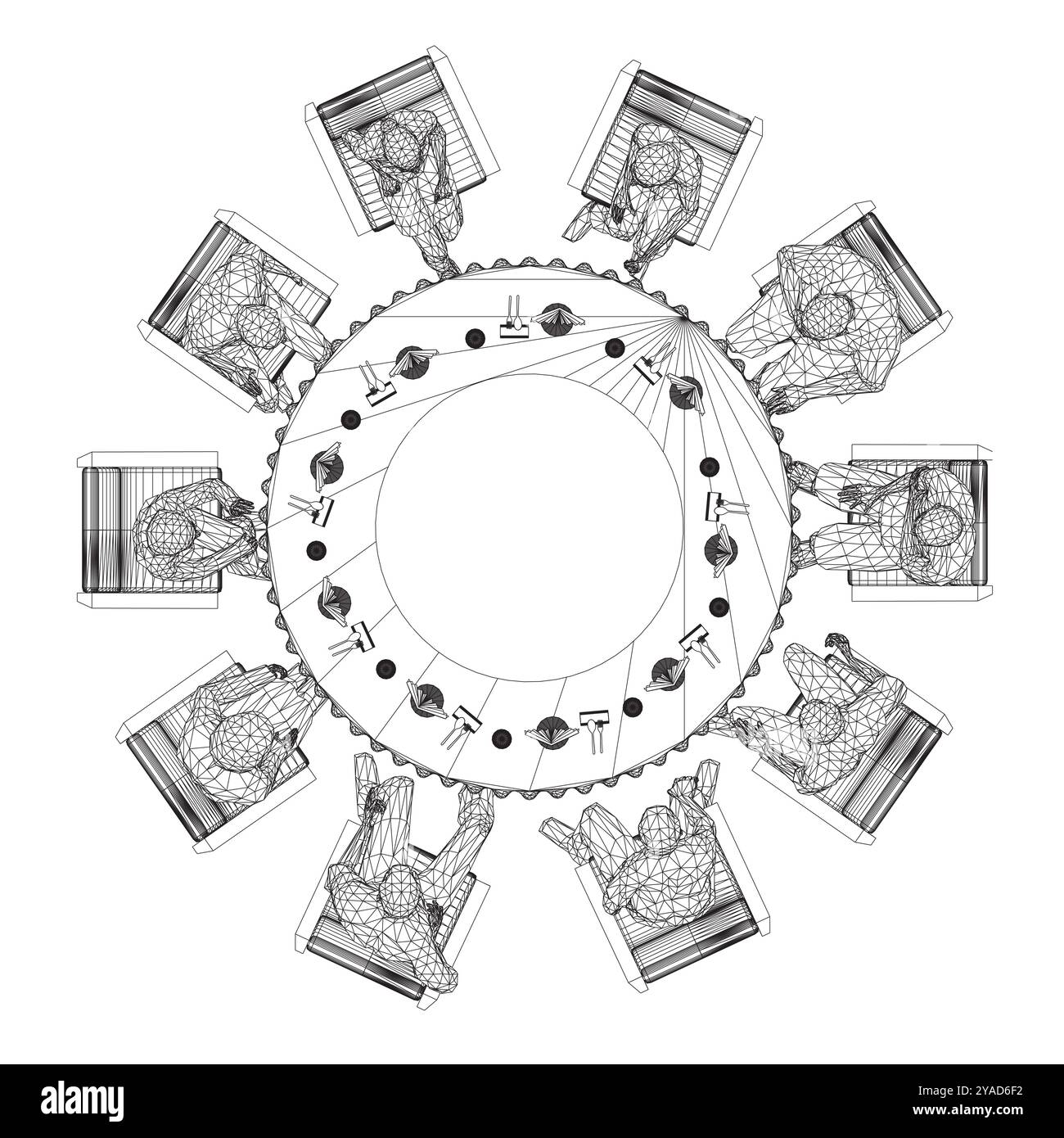 Wireframe of people sitting in restaurant on chairs at the round table ...