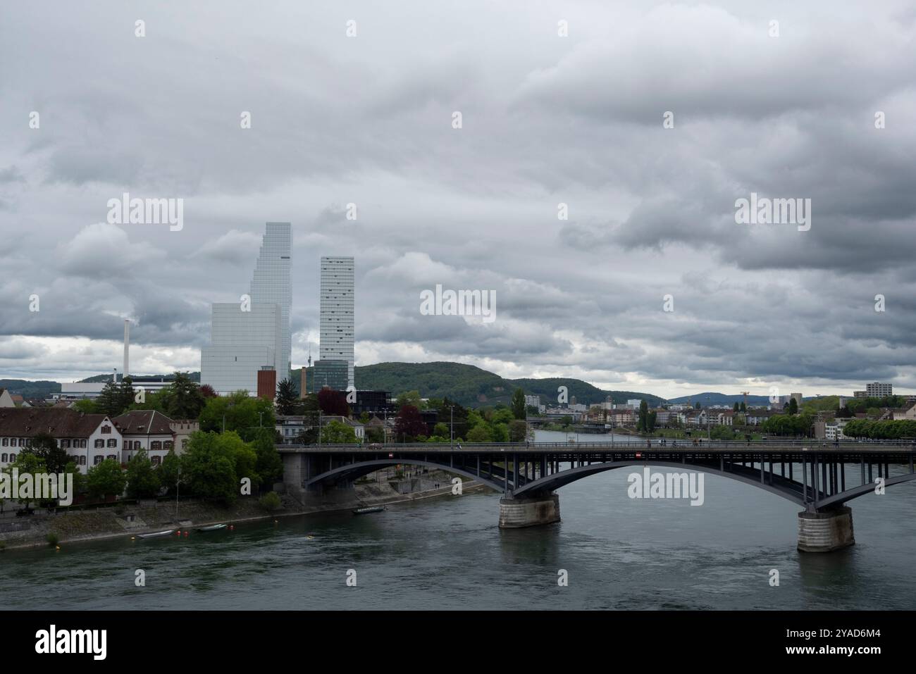 View of Basel City with one of famous bridges and river panorama Stock ...