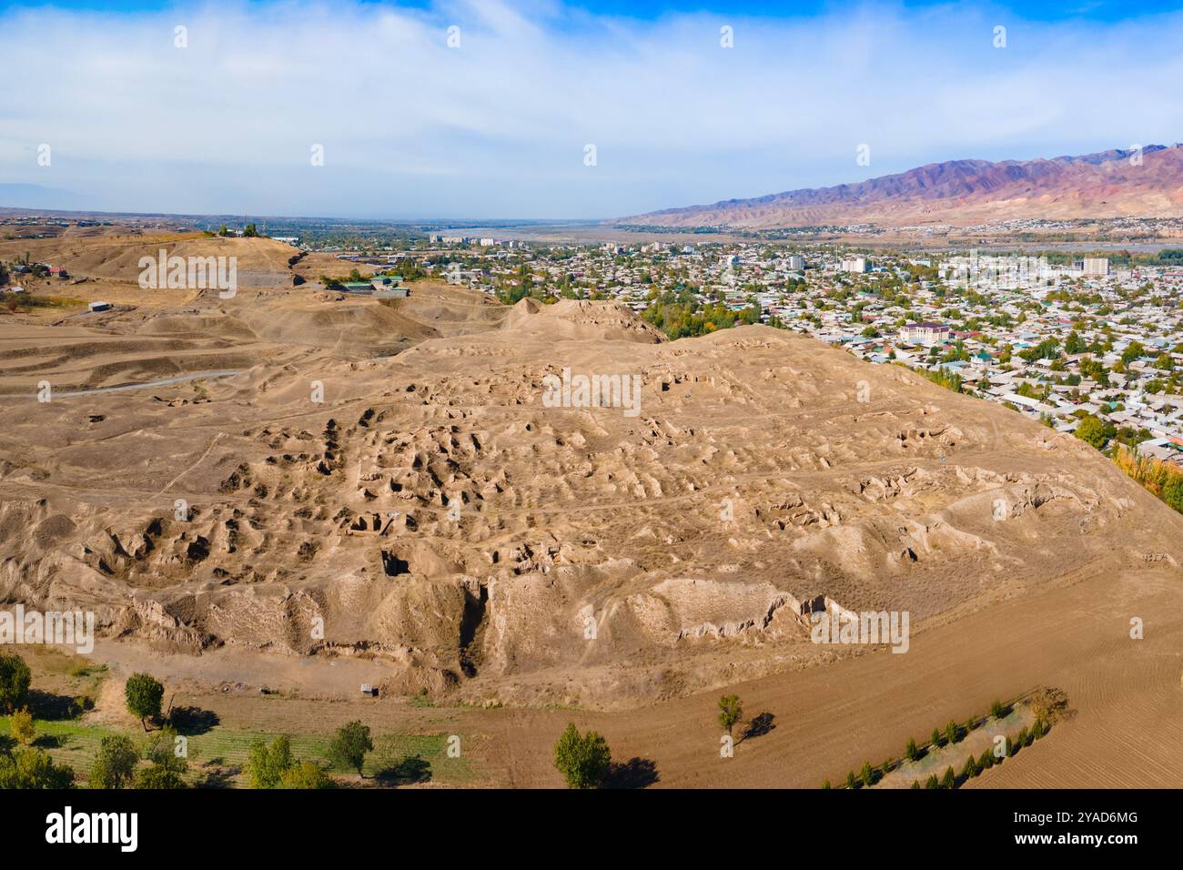 Ancient Penjikent city ruins aerial panoramic view. Penjikent or ...