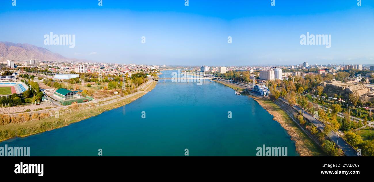Bridge through Syr Darya river aerial panoramic view in Khujand ...