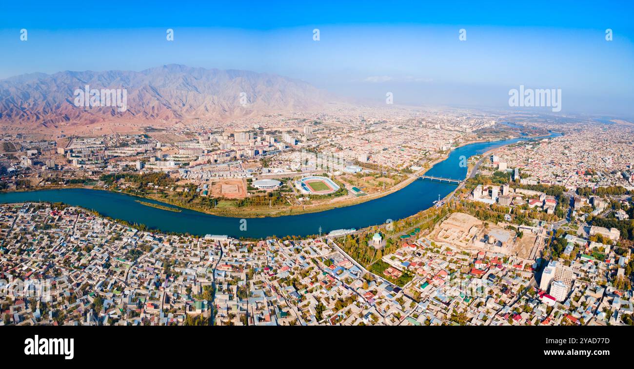 Khujand city and Syr Darya river aerial panoramic view. Khujand is the ...