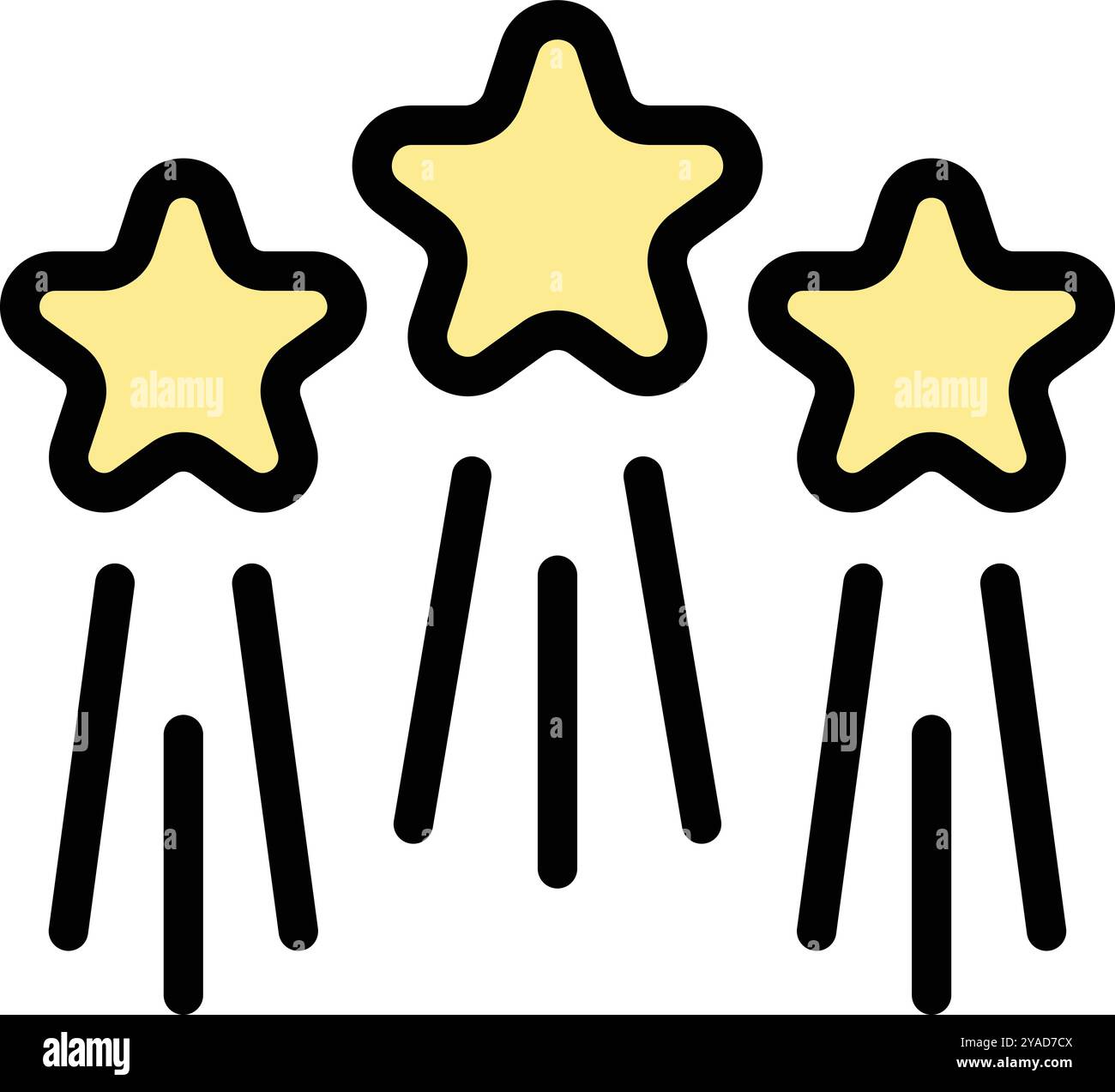 Minimalist vector illustration of three yellow stars with light beams ...