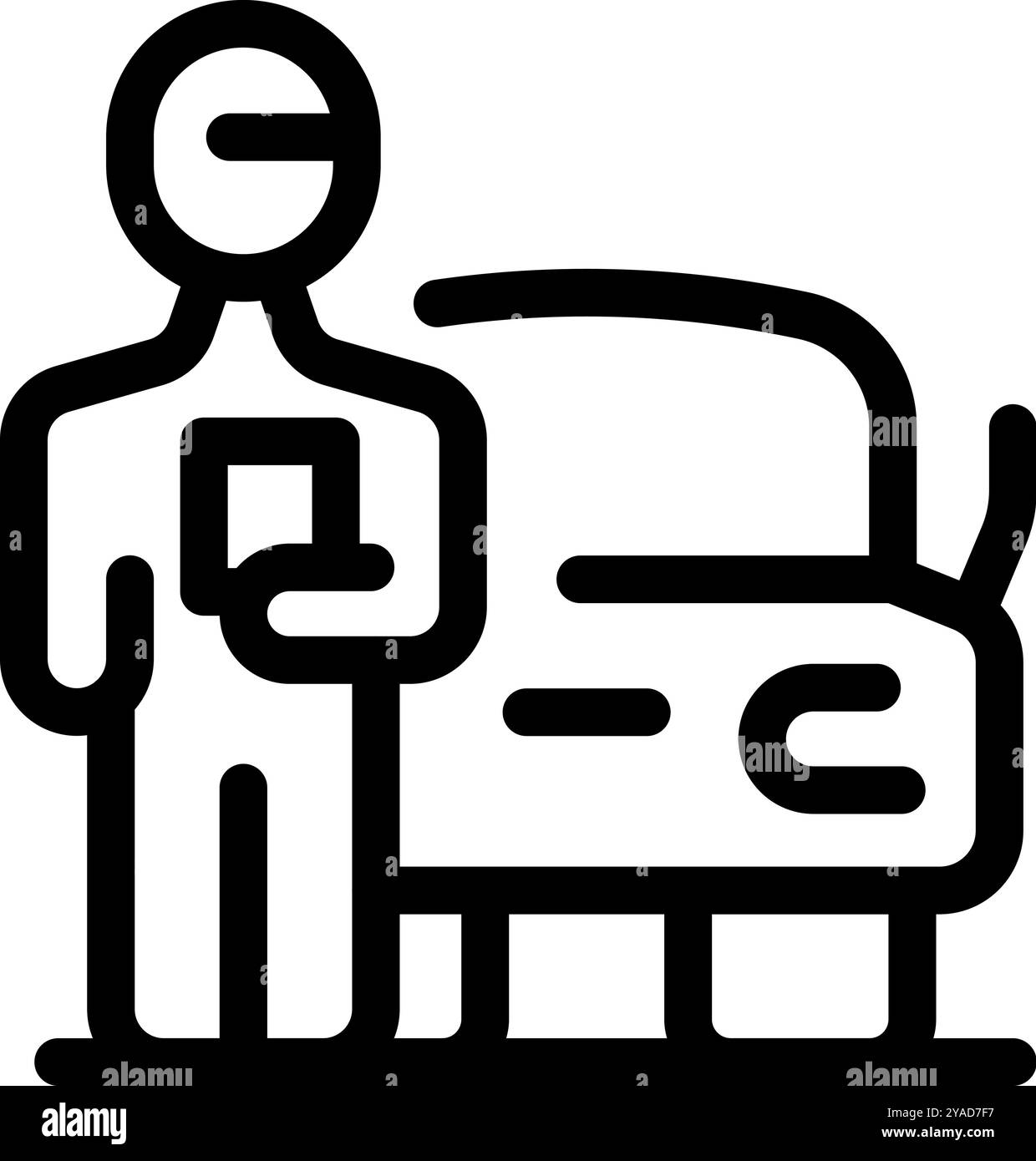 Simple outline style icon of a valet parking attendant holding car keys and standing next to a ...