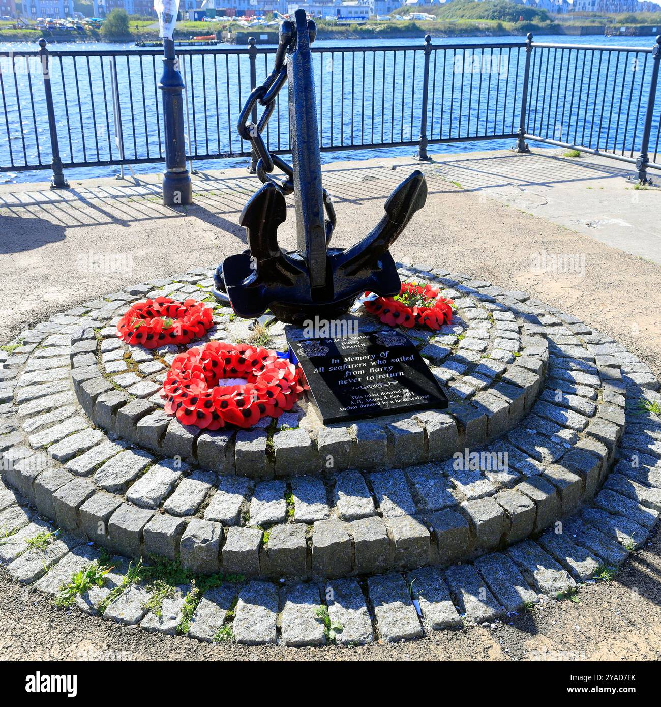 Memorial to Seamen Lost at Sea with poppy wreaths, Old Barry Dock area ...