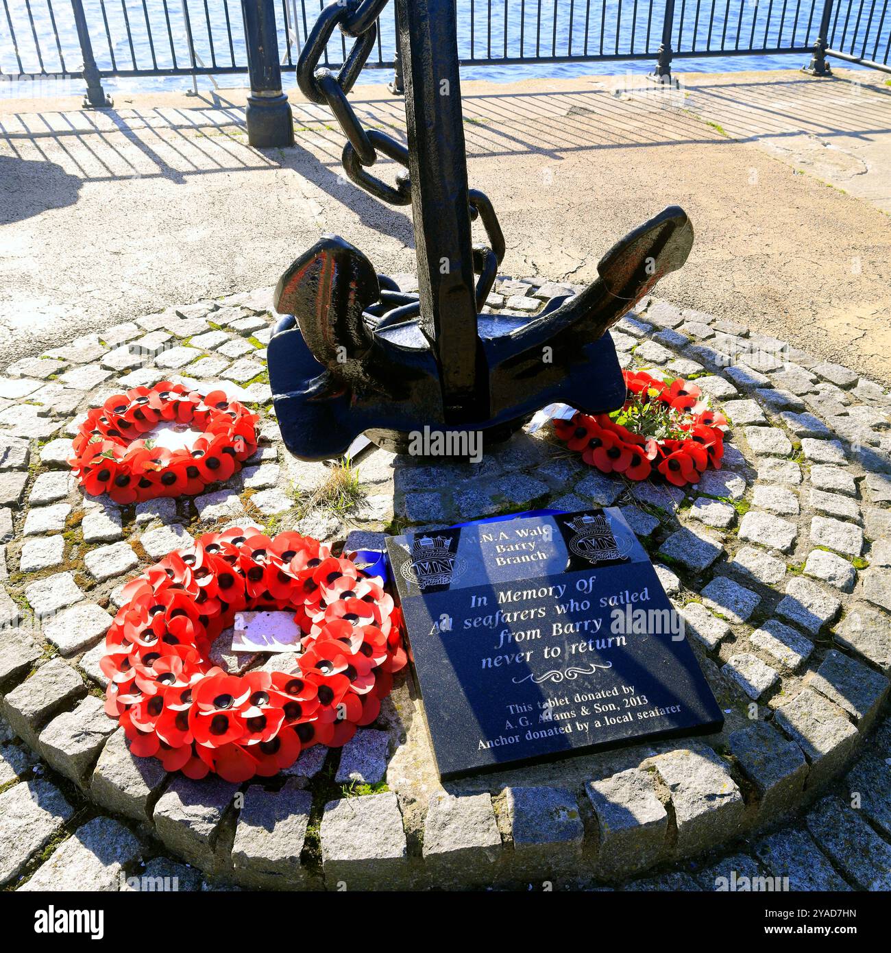 Memorial to Seamen Lost at Sea with poppy wreaths, Old Barry Dock area ...