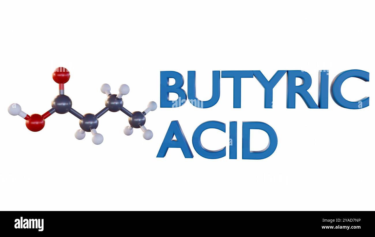 3d rendering of the chemical structure of butyric acid. It is used in ...
