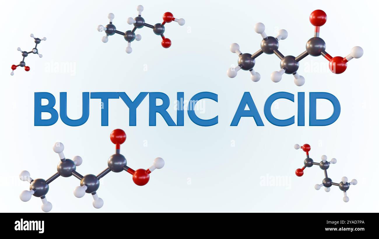 3d rendering of the chemical structure of butyric acid. It is used in ...