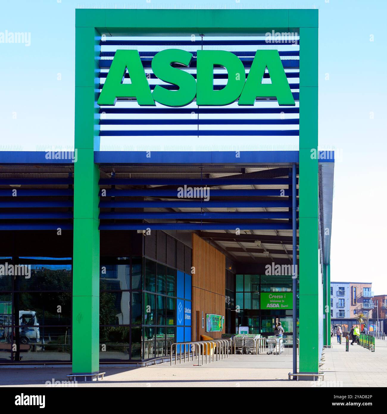 Asda supermarket signage against blue sky, Barry, South Wales, UK. Taken October 2024 Stock ...