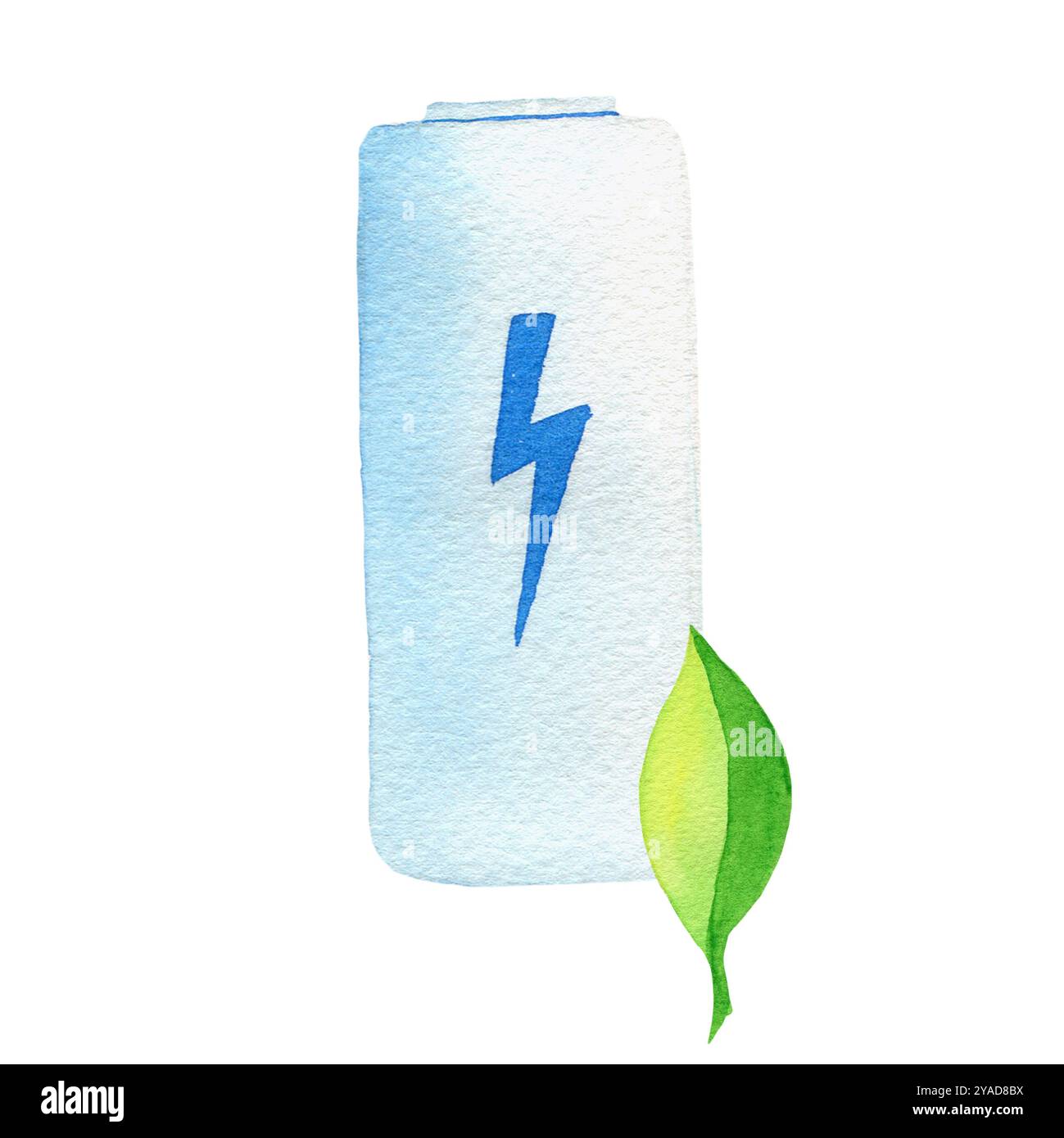Battery with green leaf, symbol of planet protection, blue ecology ...