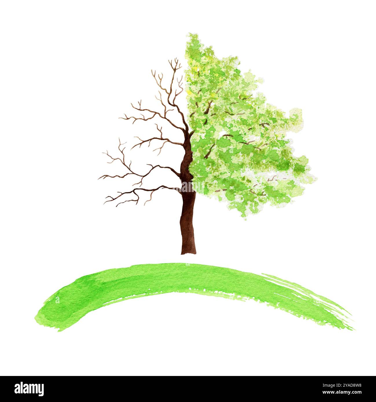 Tree is half green and half leafless with green smear, symbol of planet ...