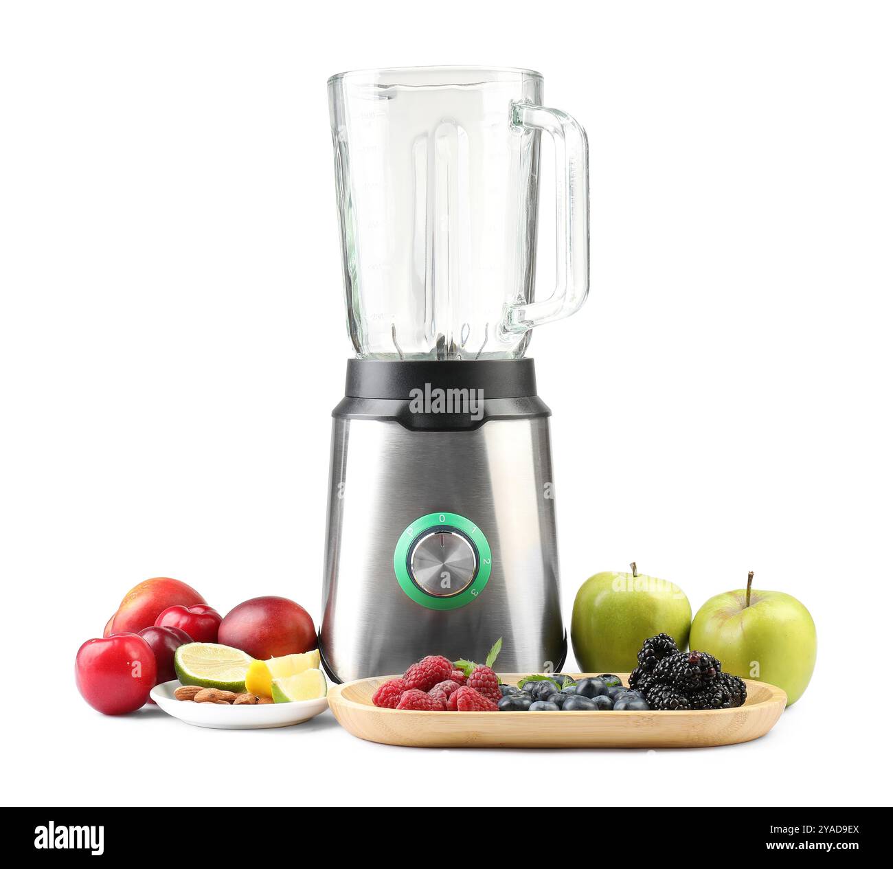 Blender and fresh ingredients isolated on white Stock Photo - Alamy