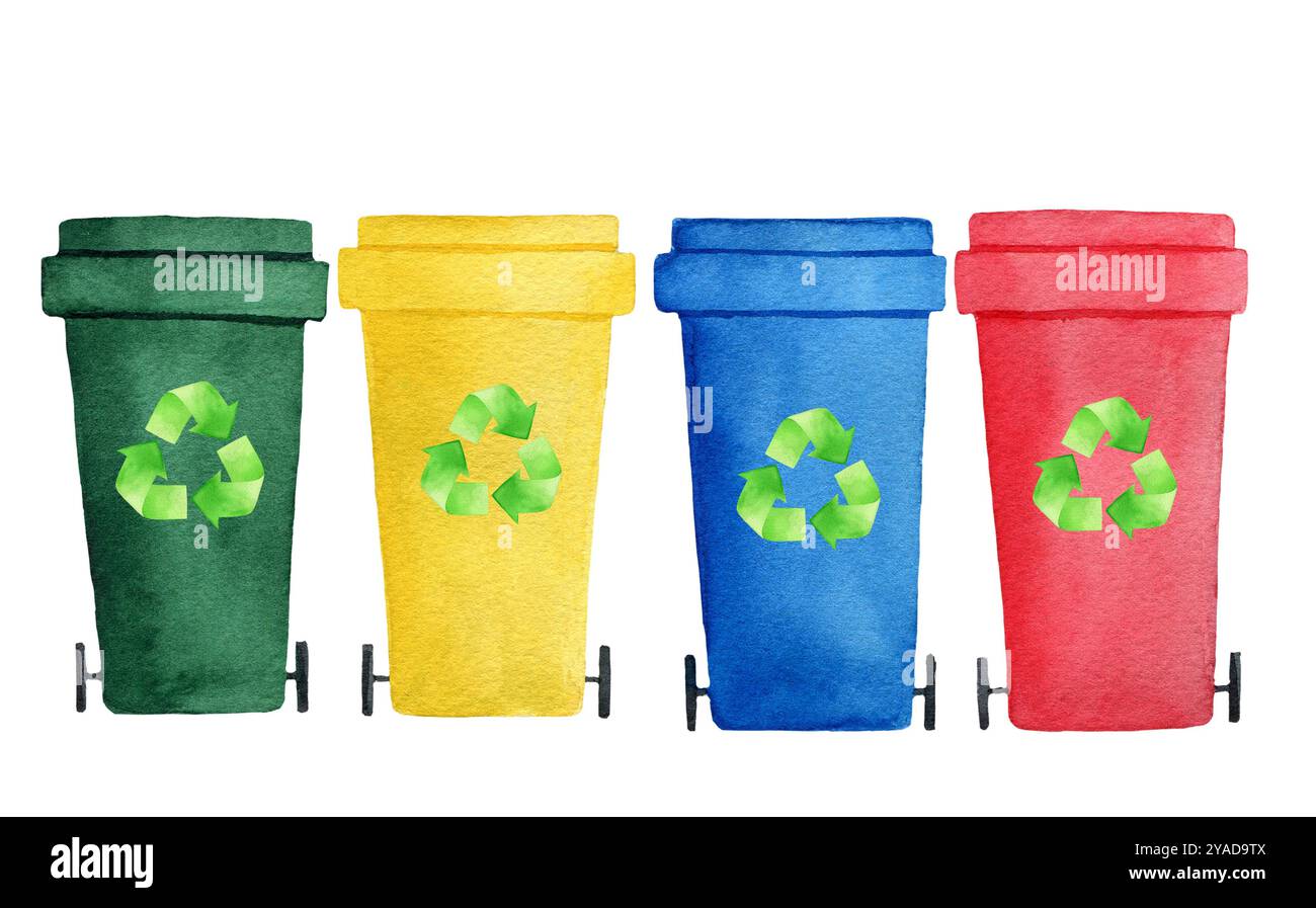 Waste separation bins with recycling symbol on a white background ...