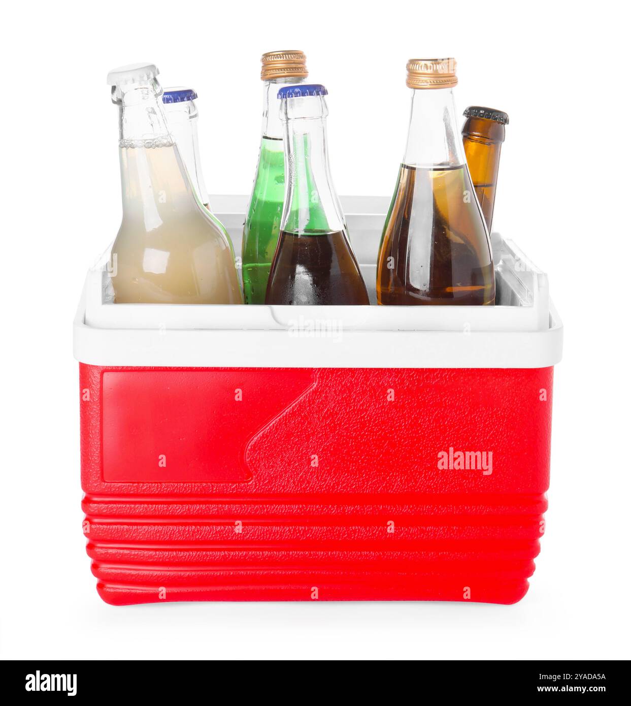Many bottles of drinks in cooler box isolated on white Stock Photo - Alamy