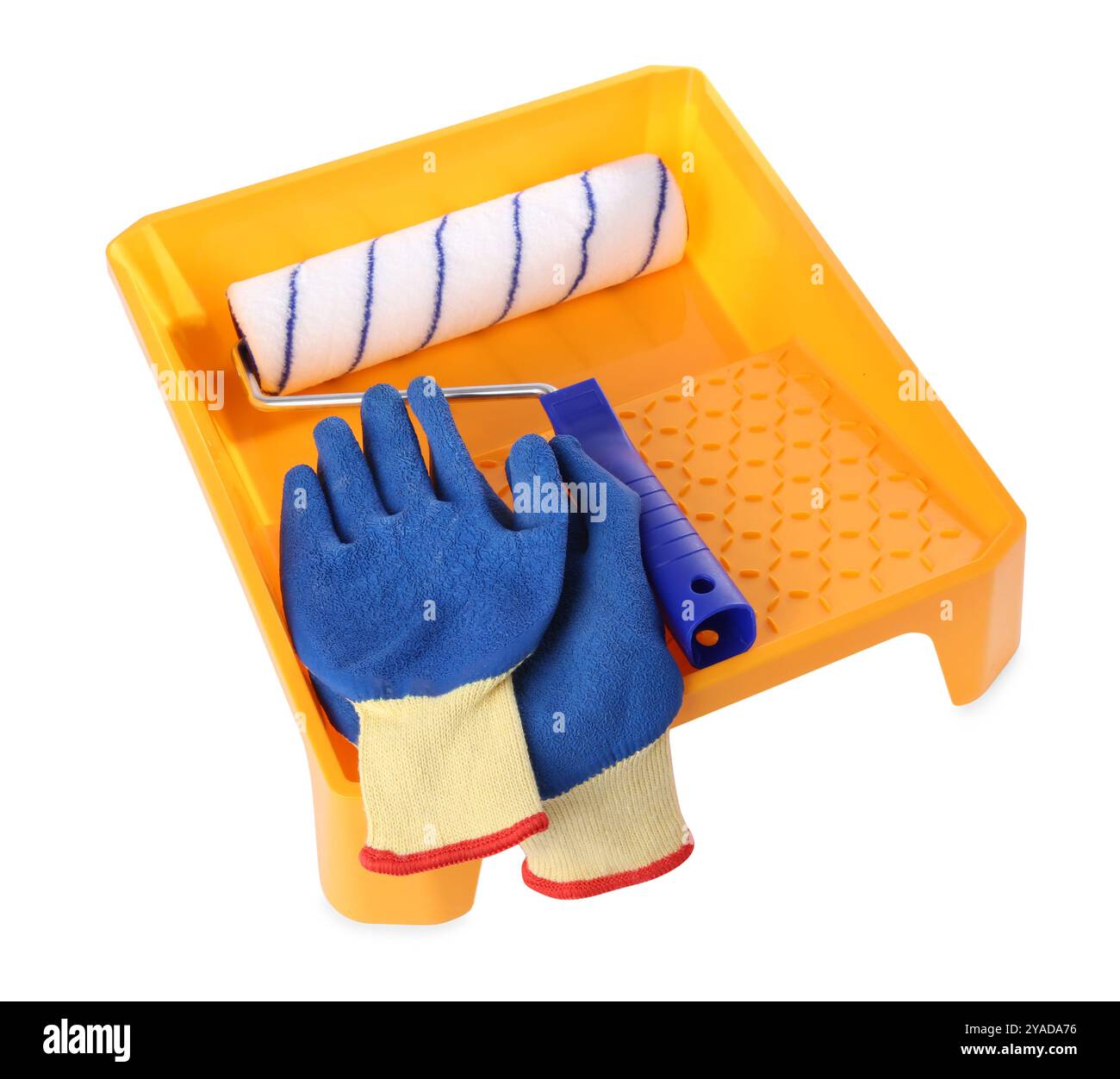 Paint roller brush, tray and gloves isolated on white Stock Photo - Alamy