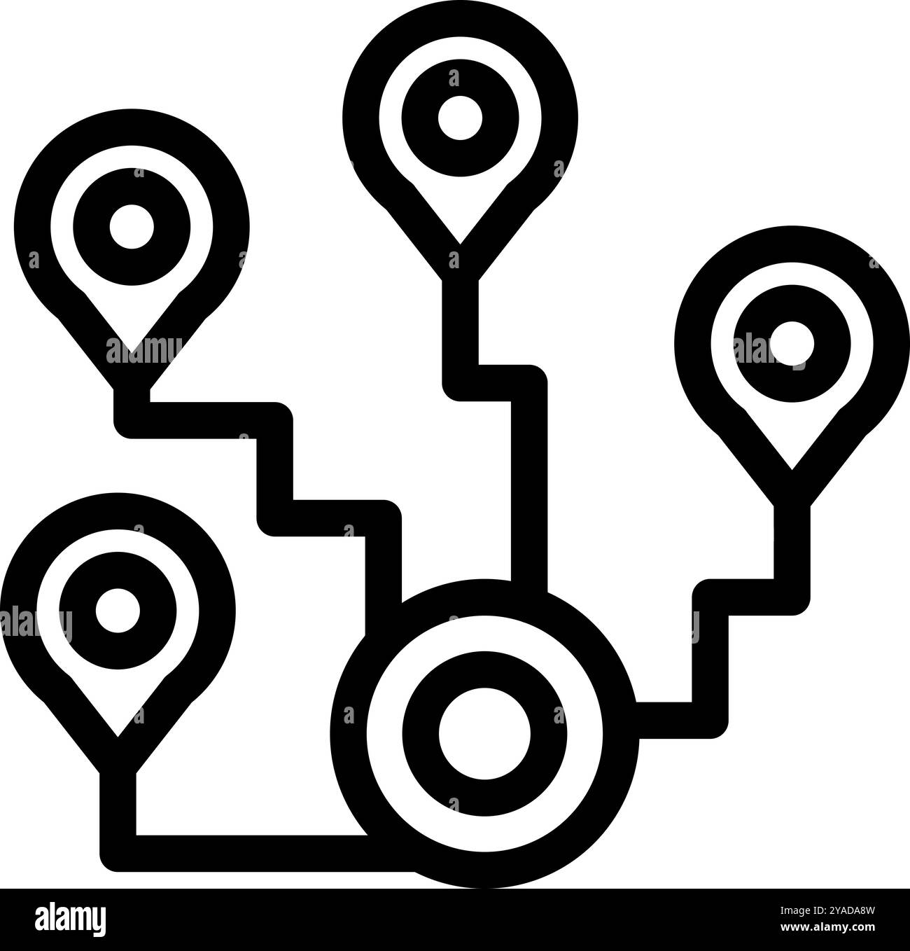Simple black outline icon of a map with interconnected pin locations, representing a journey or ...
