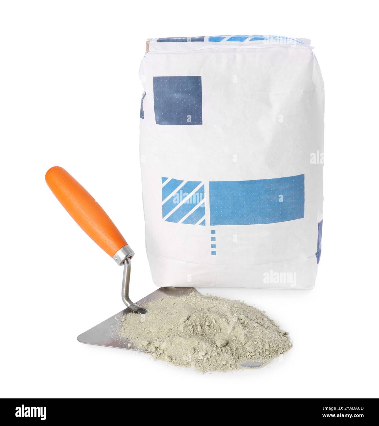 Cement powder in bag and trowel isolated on white. Building material ...