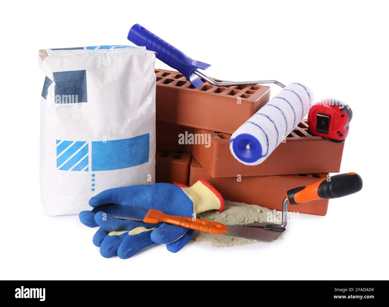 Different building materials and construction tools isolated on white ...