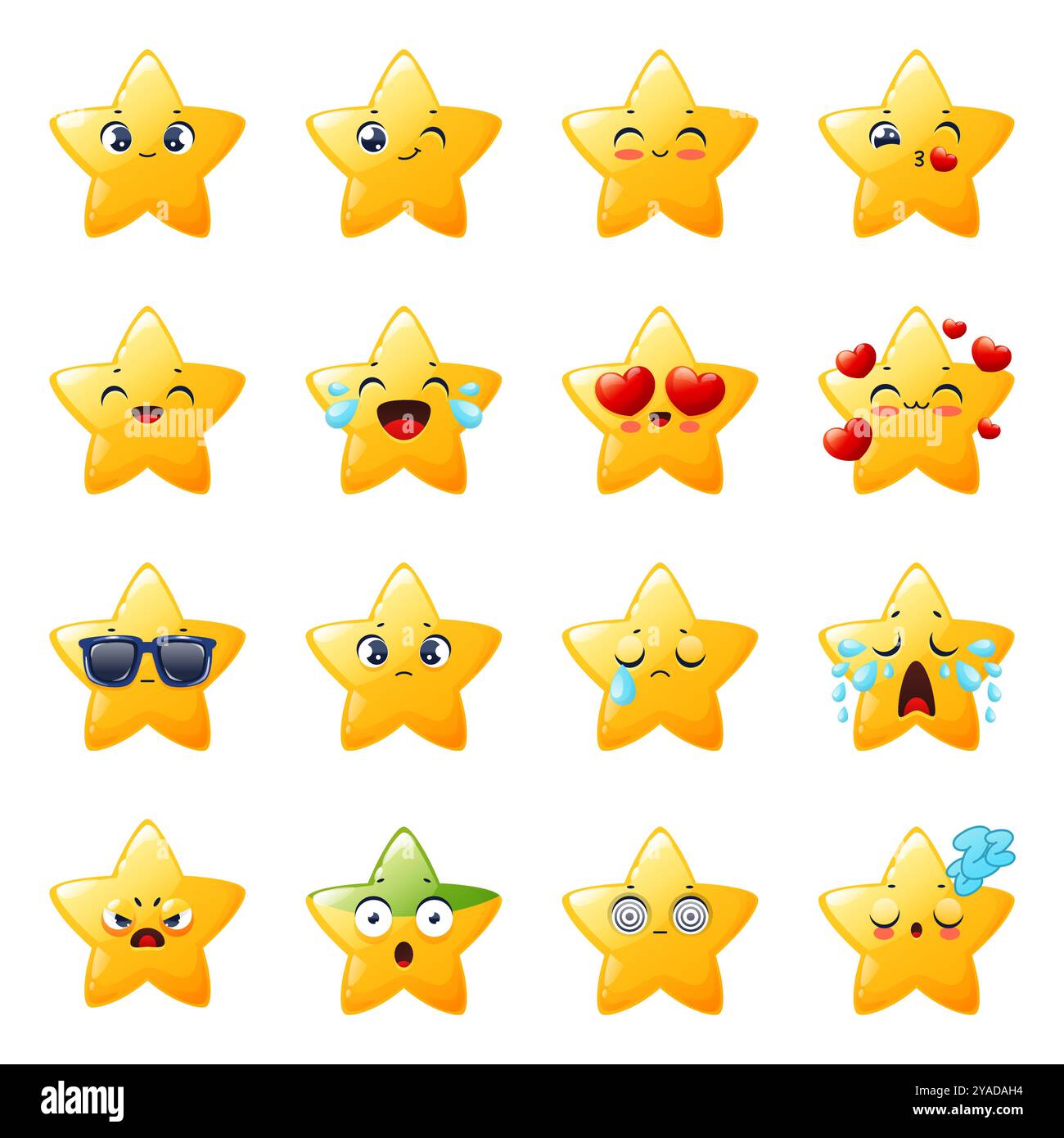 Cute smiley stars. Kawaii funny emoji, kids mascots with different ...