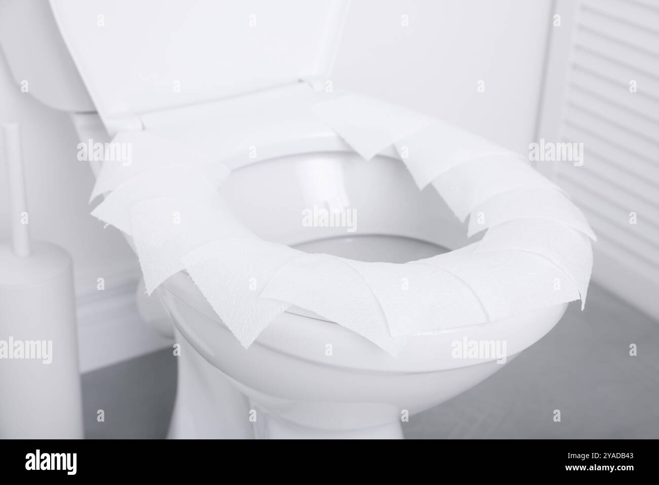 Toilet seat with paper tissues in bathroom Stock Photo - Alamy