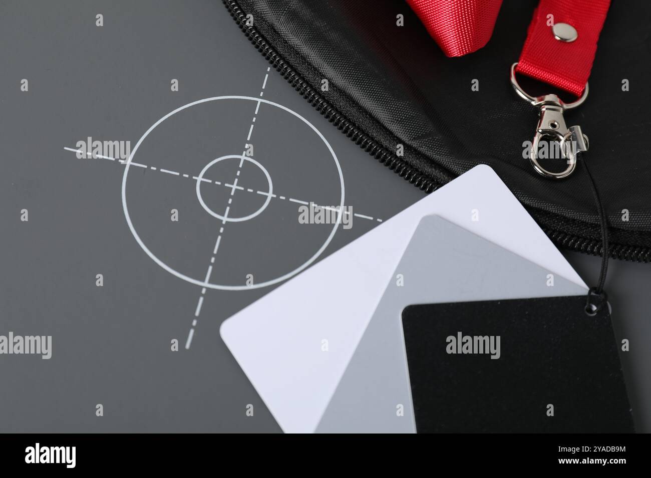 White balance calibration cards and case as background, closeup Stock ...