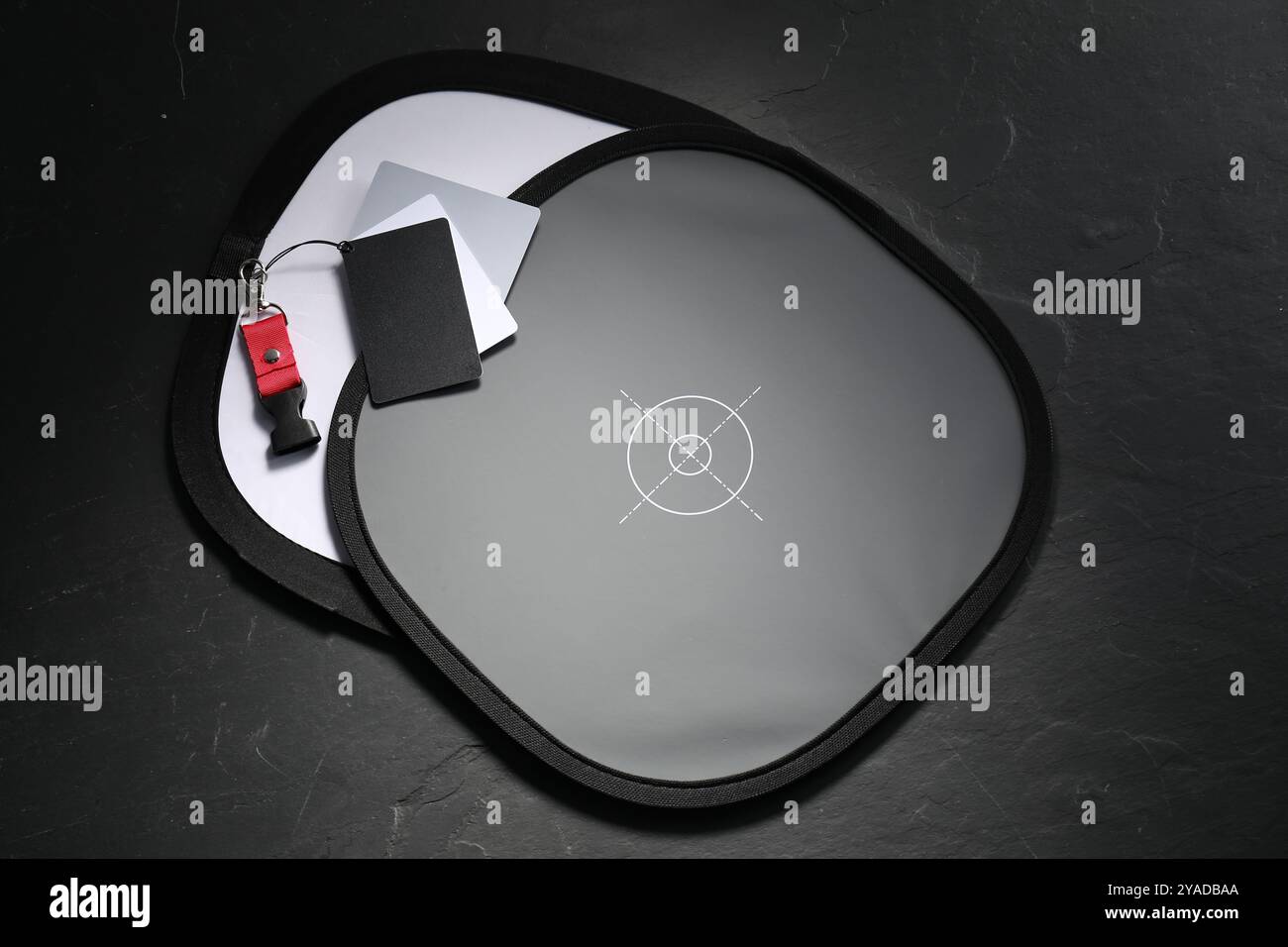 White balance calibration cards on black background, top view Stock ...