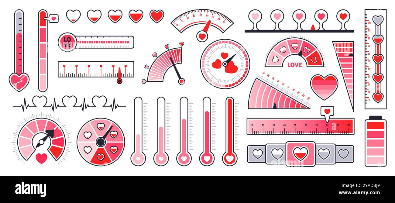 Cartoon love level meters. Red hearts gauges and scales, romantic ...