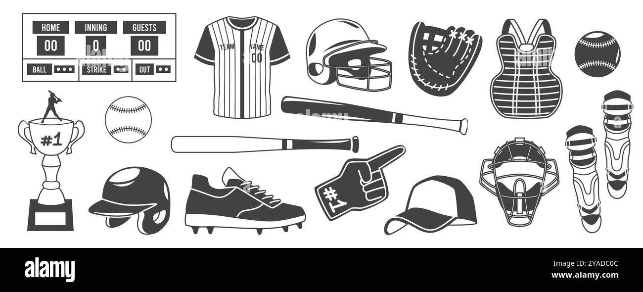 Baseball icons. Sports game elements, black silhouettes, professional ...