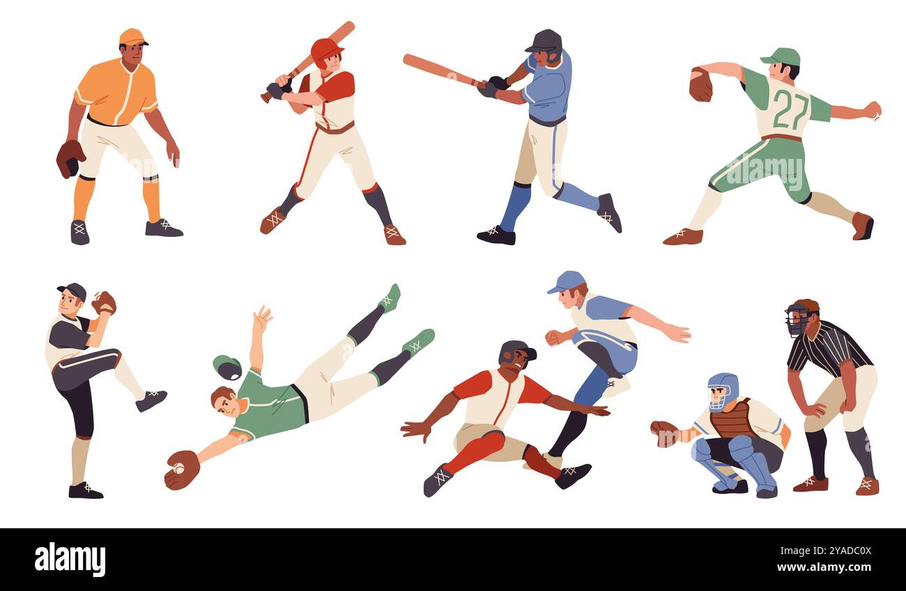 Cartoon baseball players. Athletes in uniform with bats, gloves and ...