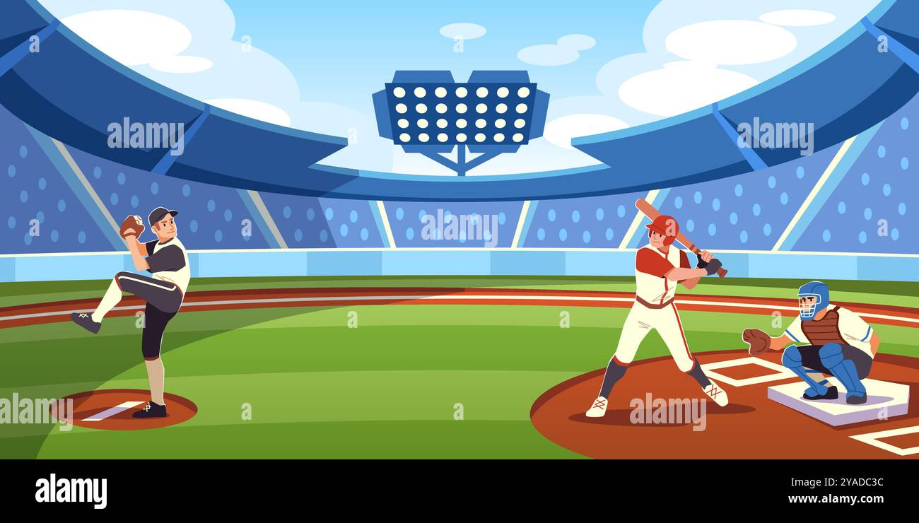 Baseball game on field. Sports tournament at stadium, players in ...