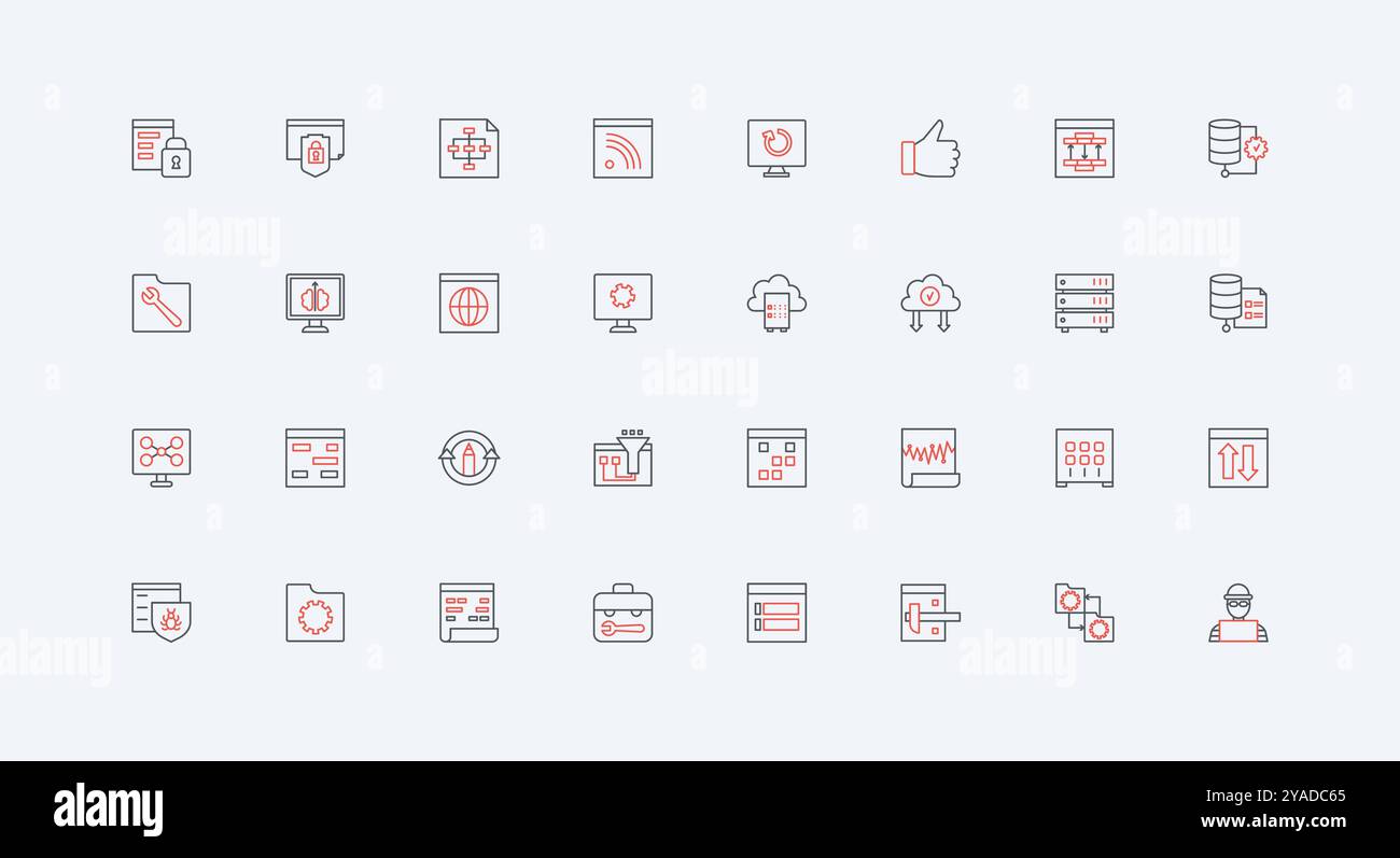 Data analysis and exchange, system structure and document organization in database line icon set ...