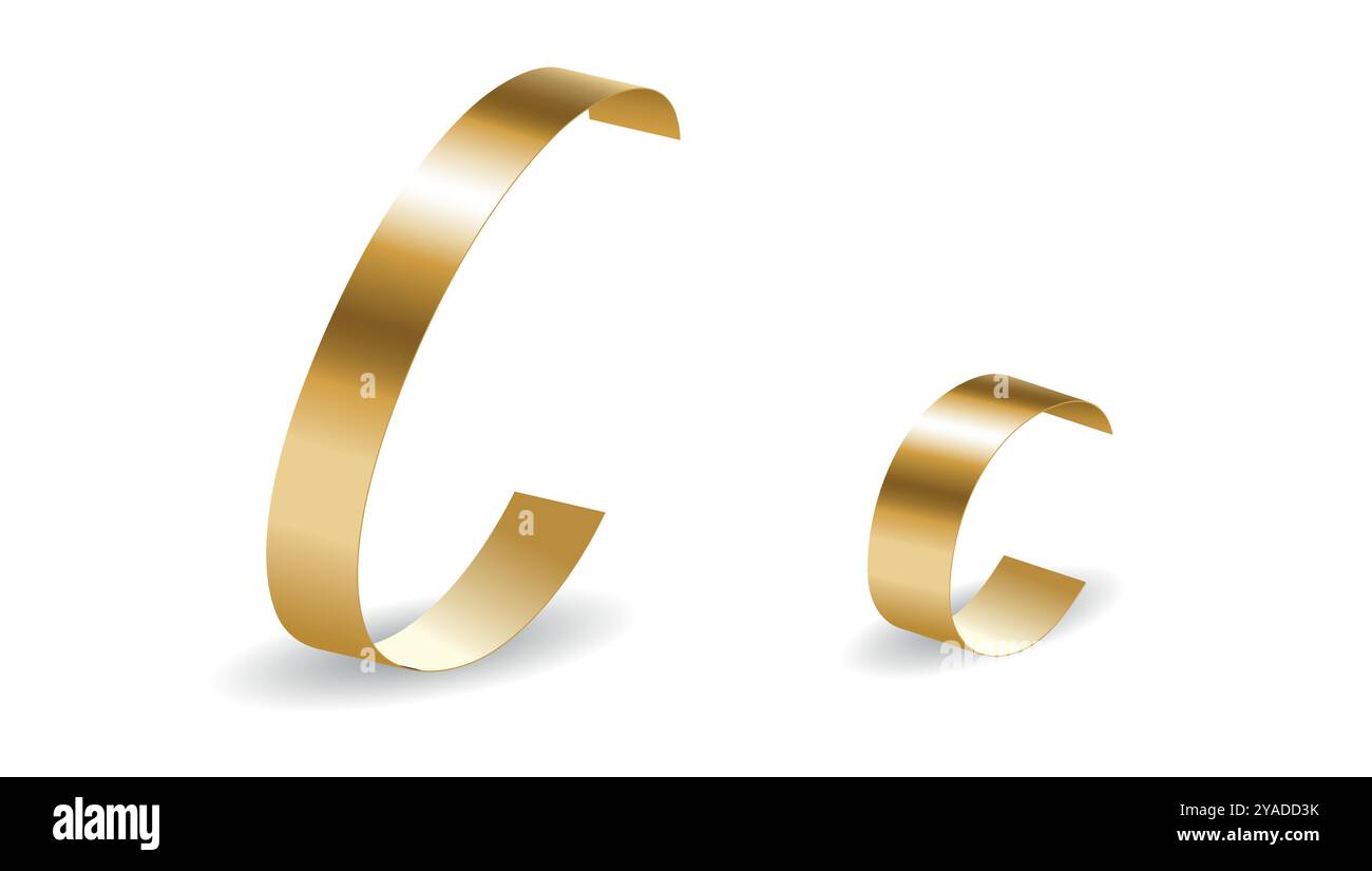 Shiny gold ribbon letters of the English alphabet on a white background ...