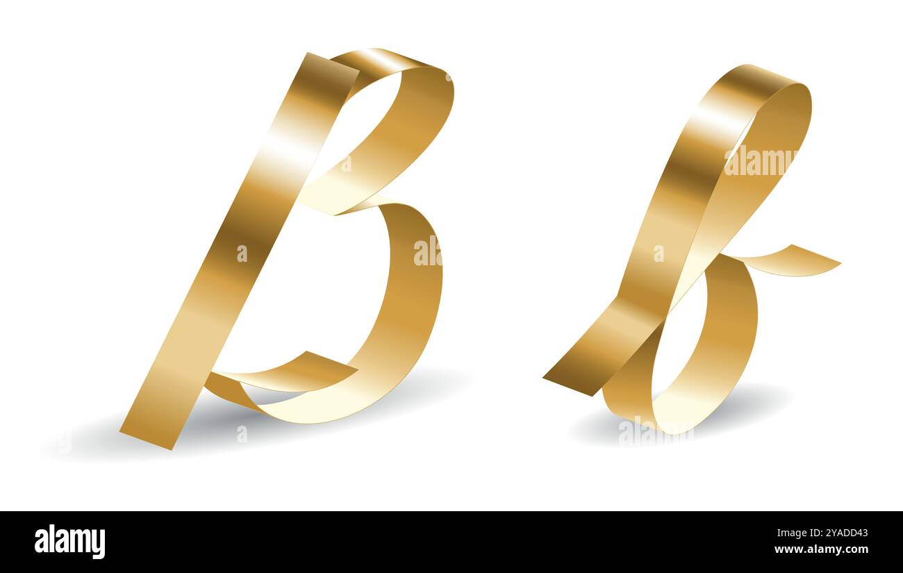 Golden alphabet ribbon B letters with shadows isolated on white ...