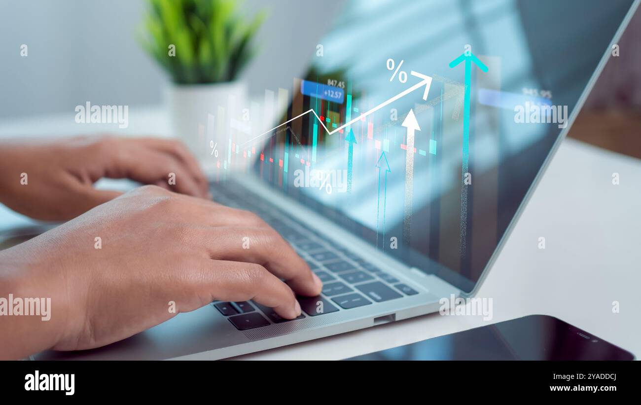 Businesswoman is showing a growing virtual hologram of analytics ...