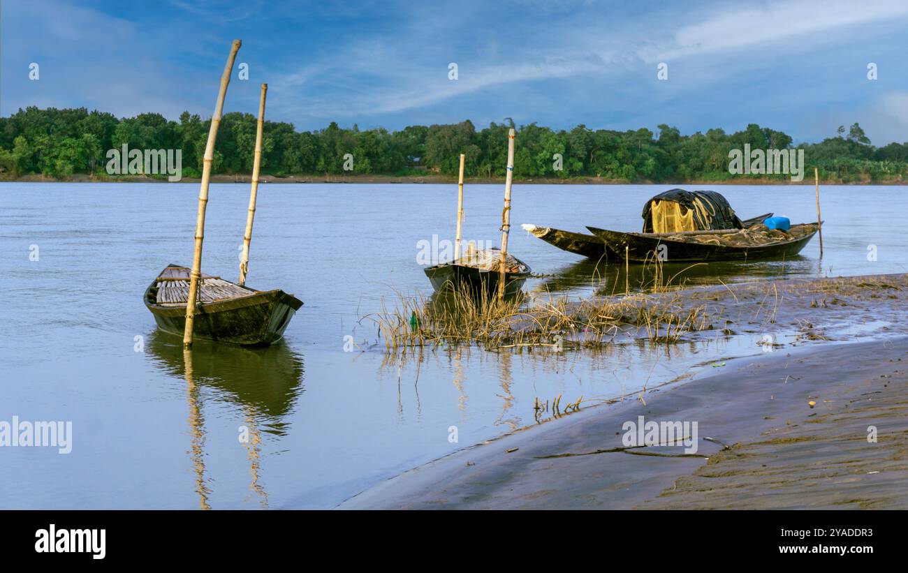Gorai-Madhumati River. Riverside of Bangladesh. In the evening, fishing ...