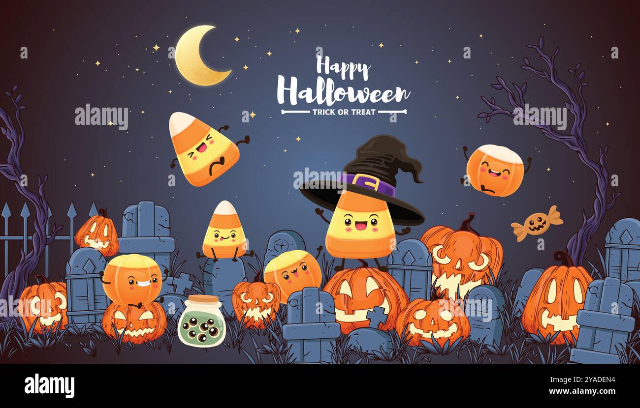 Vintage Halloween poster design with vector halloween candies character ...