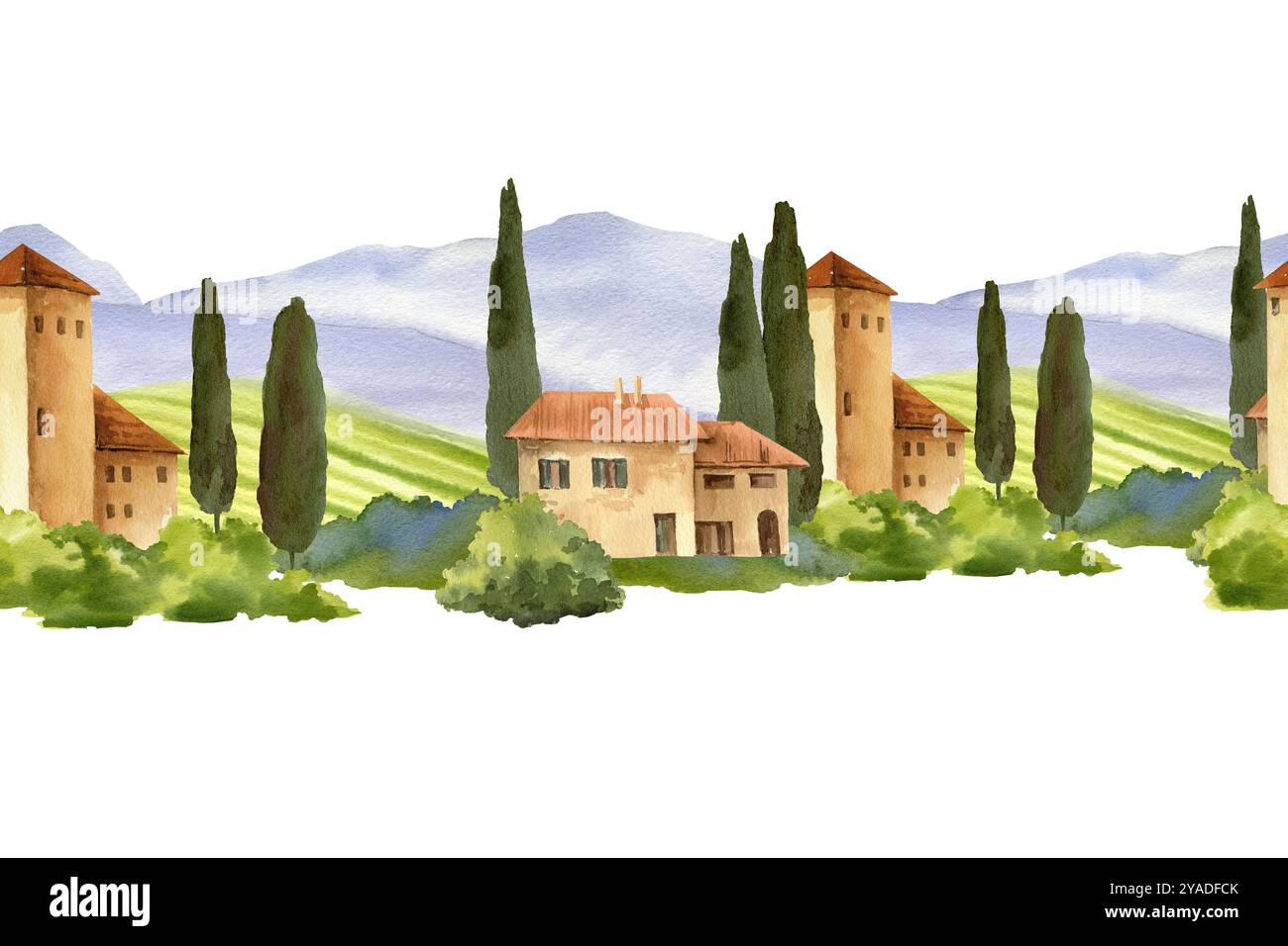seamless border with Italian rural landscape, towers and farms, cypress ...