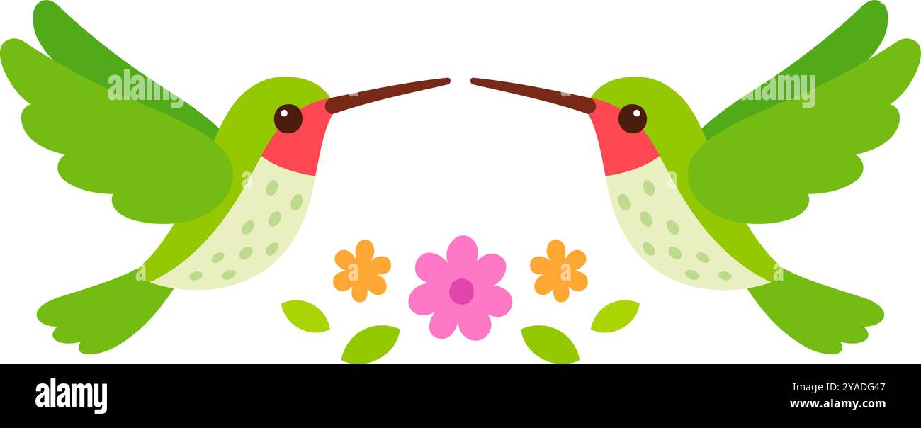 Cute cartoon hummingbirds and flowers design element. Two green colibri ...