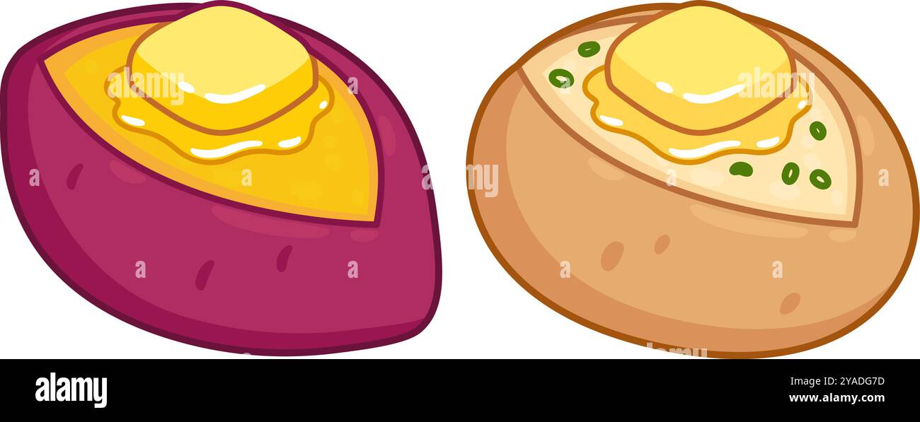 Baked potato and sweet potato with butter. Cartoon drawing of sweet and ...