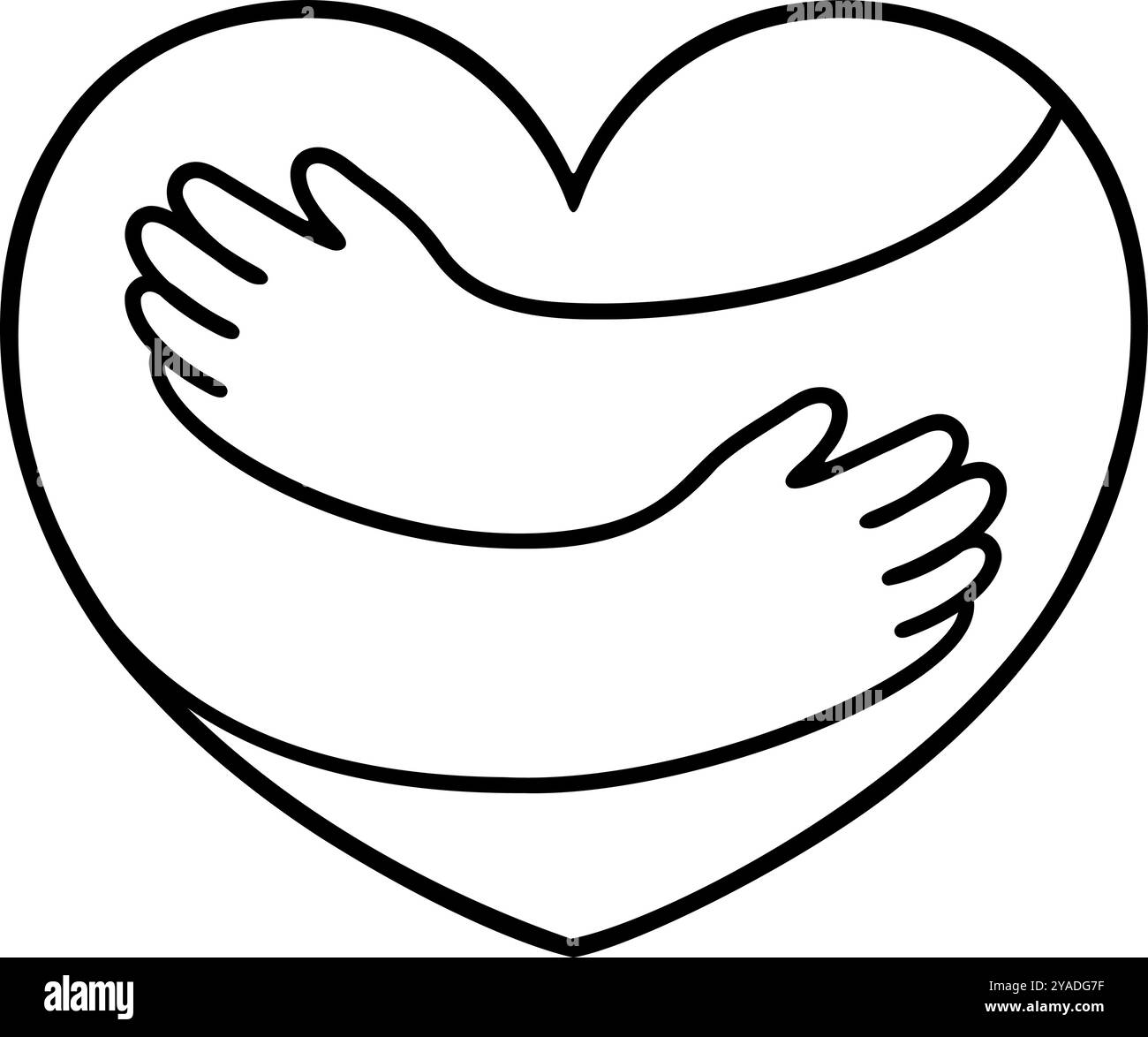 Heart shape with hugging arms, simple outline logo design. Black and white hand drawn line art ...