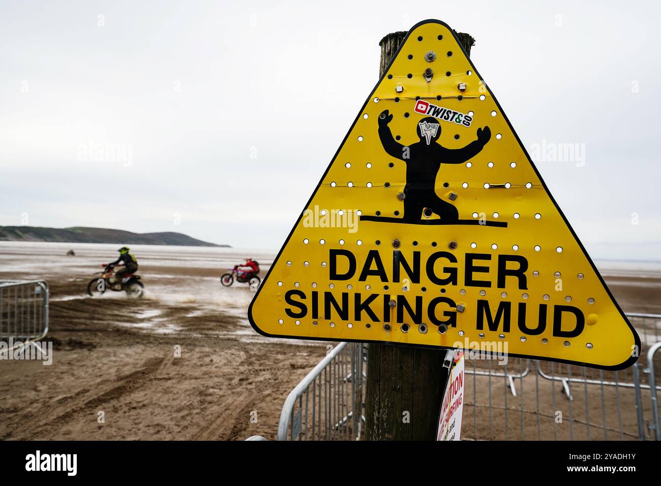 A sign warning people of sinking mud during the ROKiT Weston Beach Race ...