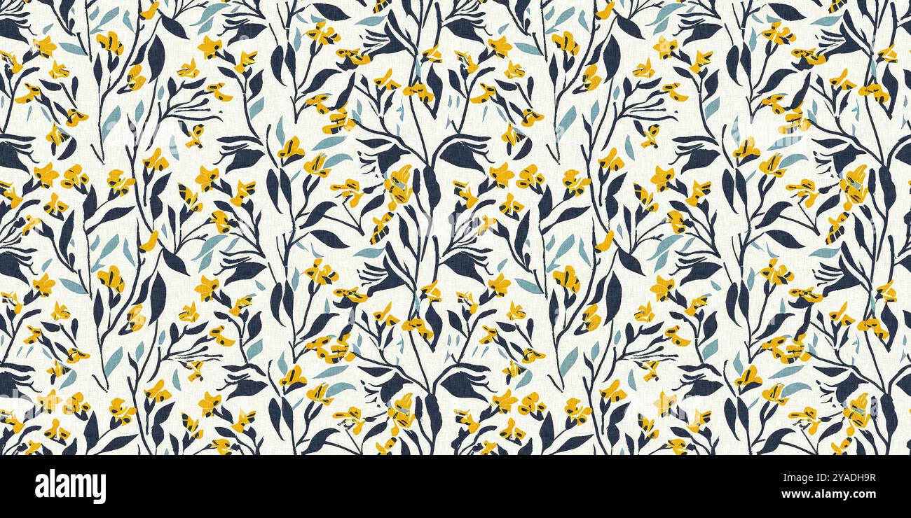 Modern printed fabric flower block print pattern with linen texture ...