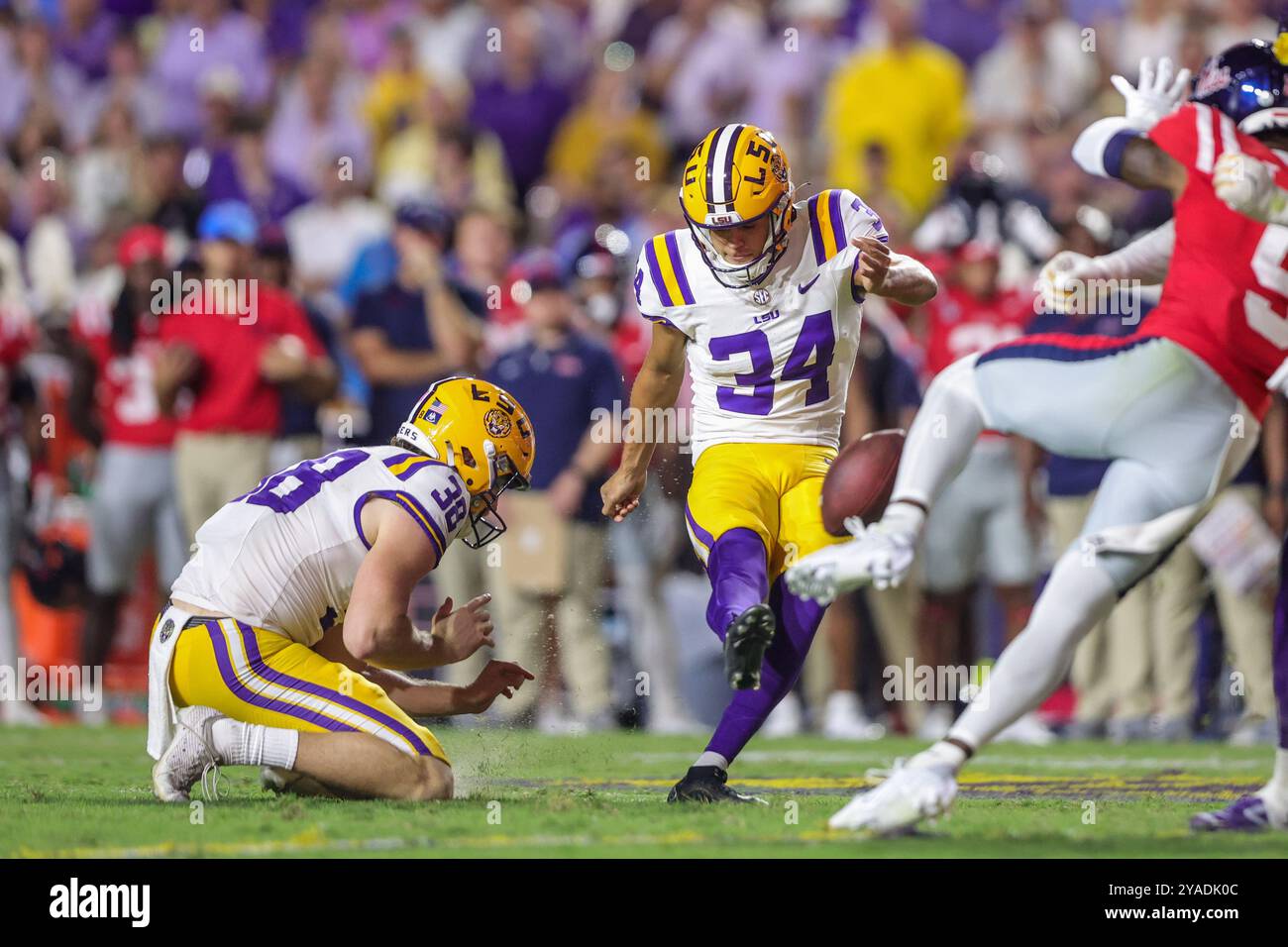 October 12, 2024: LSU kicker Damian Ramos (34) connects on a field goal ...