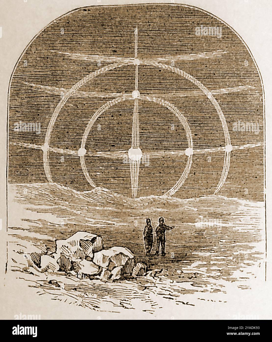 A 19th century illustration of a Paraselene (luminous ring or rings ...