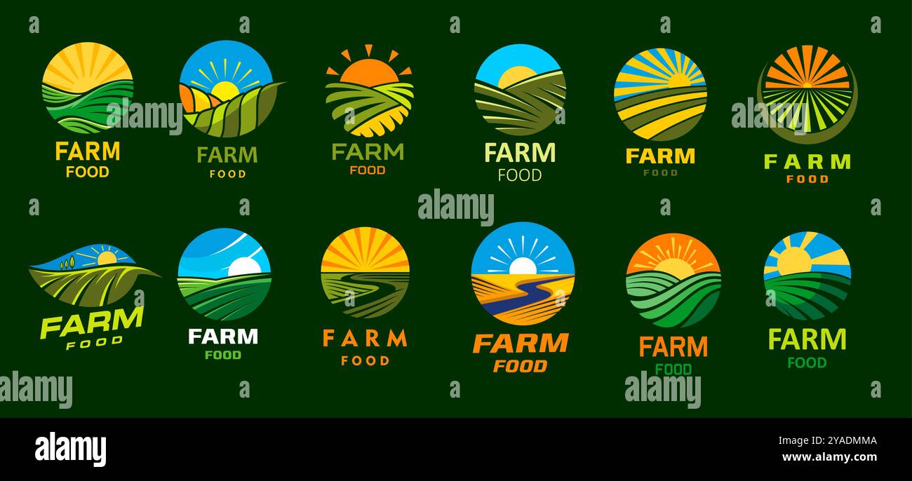 Agriculture farm food icons, rural field landscape and sun vector ...