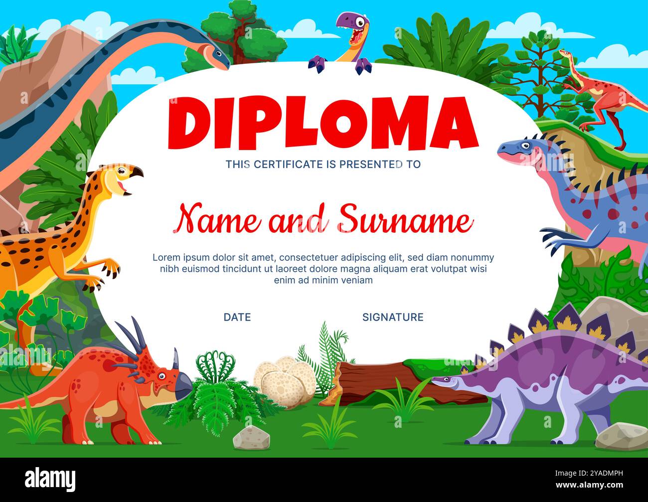 Kids diploma with funny cartoon prehistoric dinosaur characters, vector ...