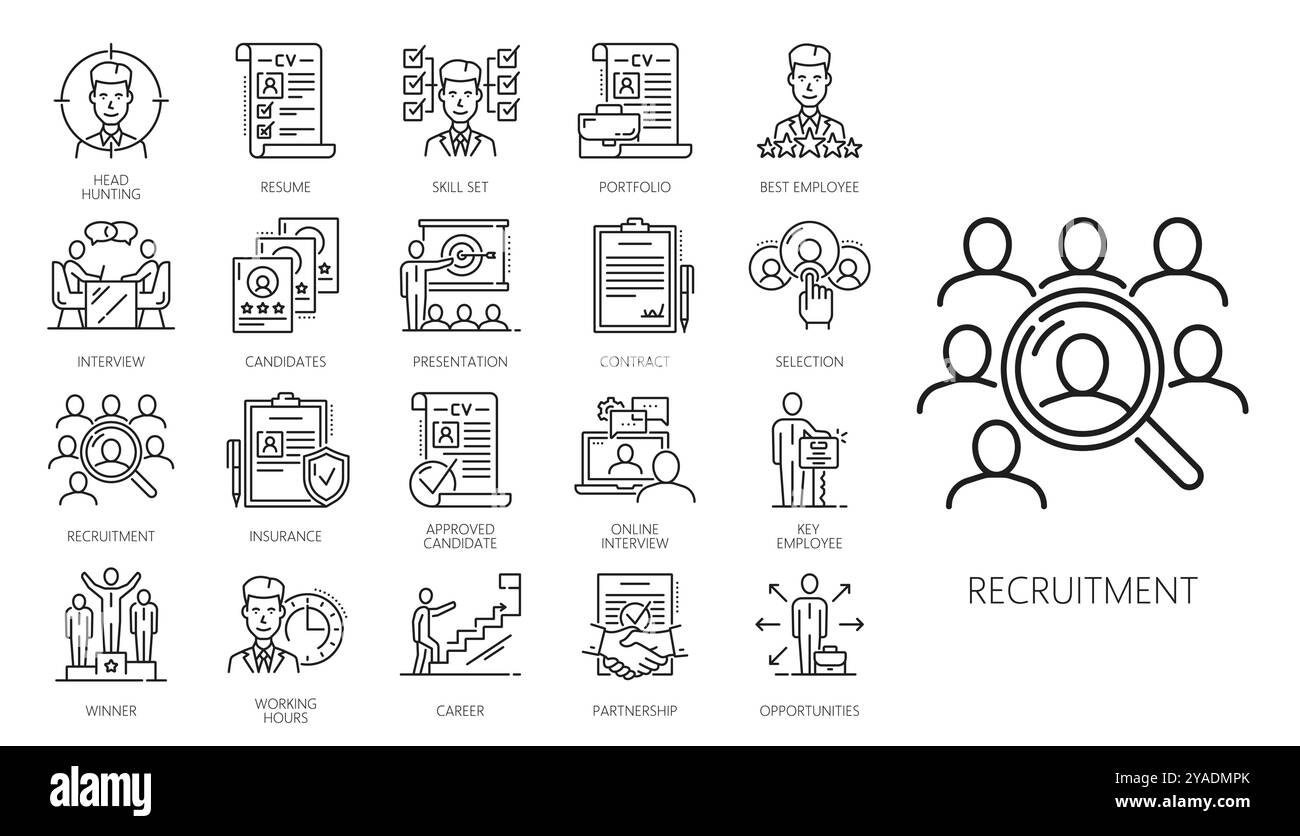 Job search and recruitment line icons. Head hunting, staff education ...